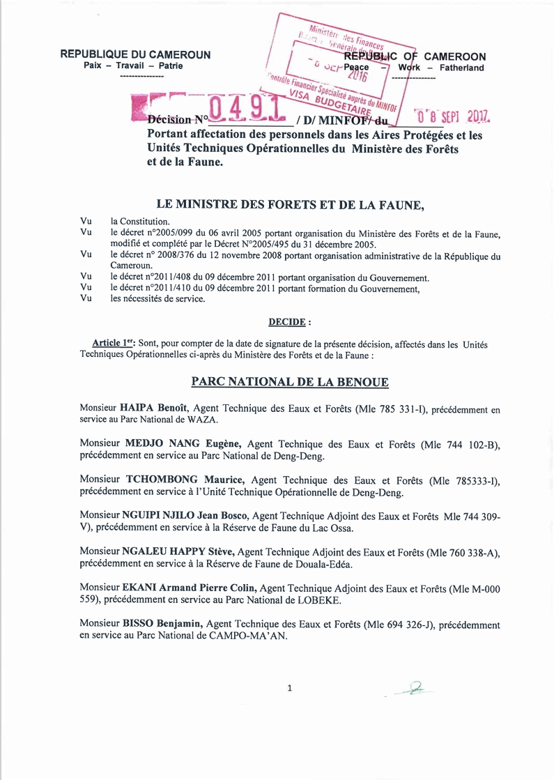 Décision N° 0491 /D/MINFOF/ du 08 SEPT 2017 Portant affectation des ...