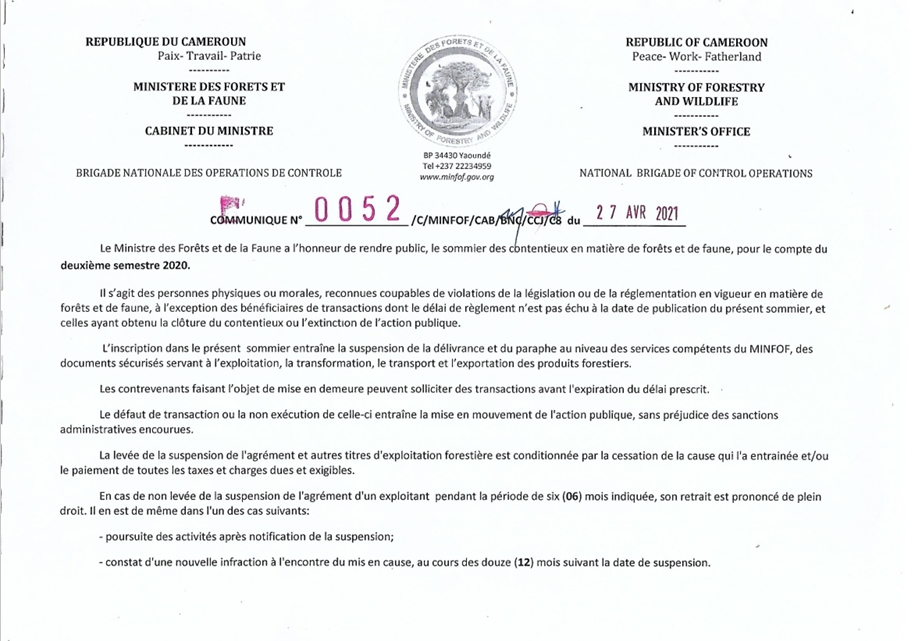 COMMUNIQUE N° 0052 /C/MINFOF/CAB/BNC/CCJ/C8 du 27 AVR 2021 ...