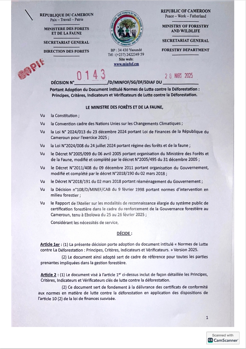 DECISION N° 0143/D/MINFOF/SG/DF/SDIAF DU 28 MARS 2025 - Observateur ...